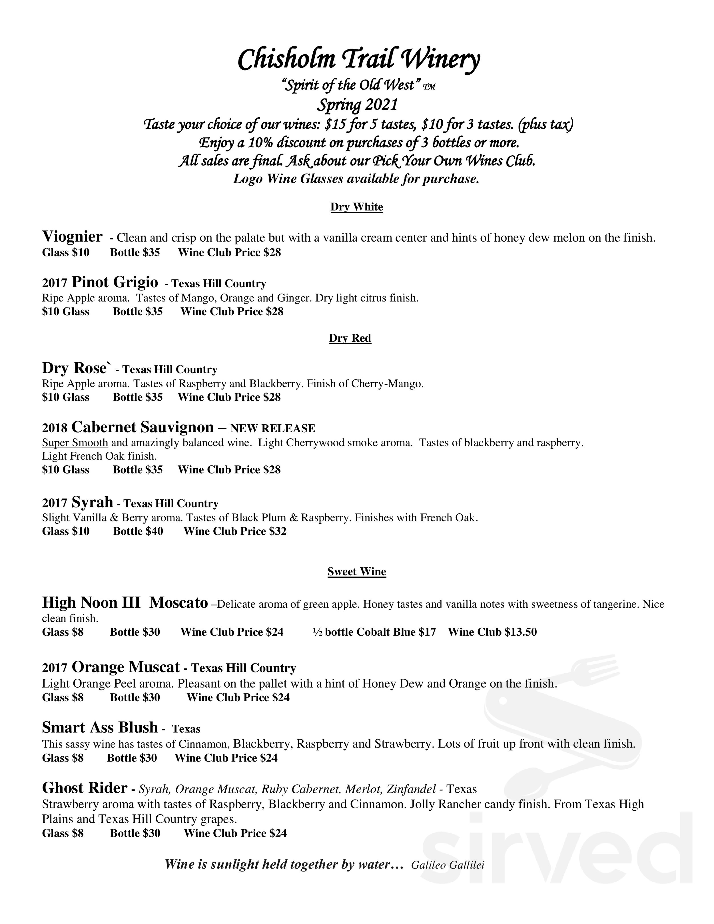 Menu for Chisholm Trail Winery in Fredericksburg, TX | Sirved