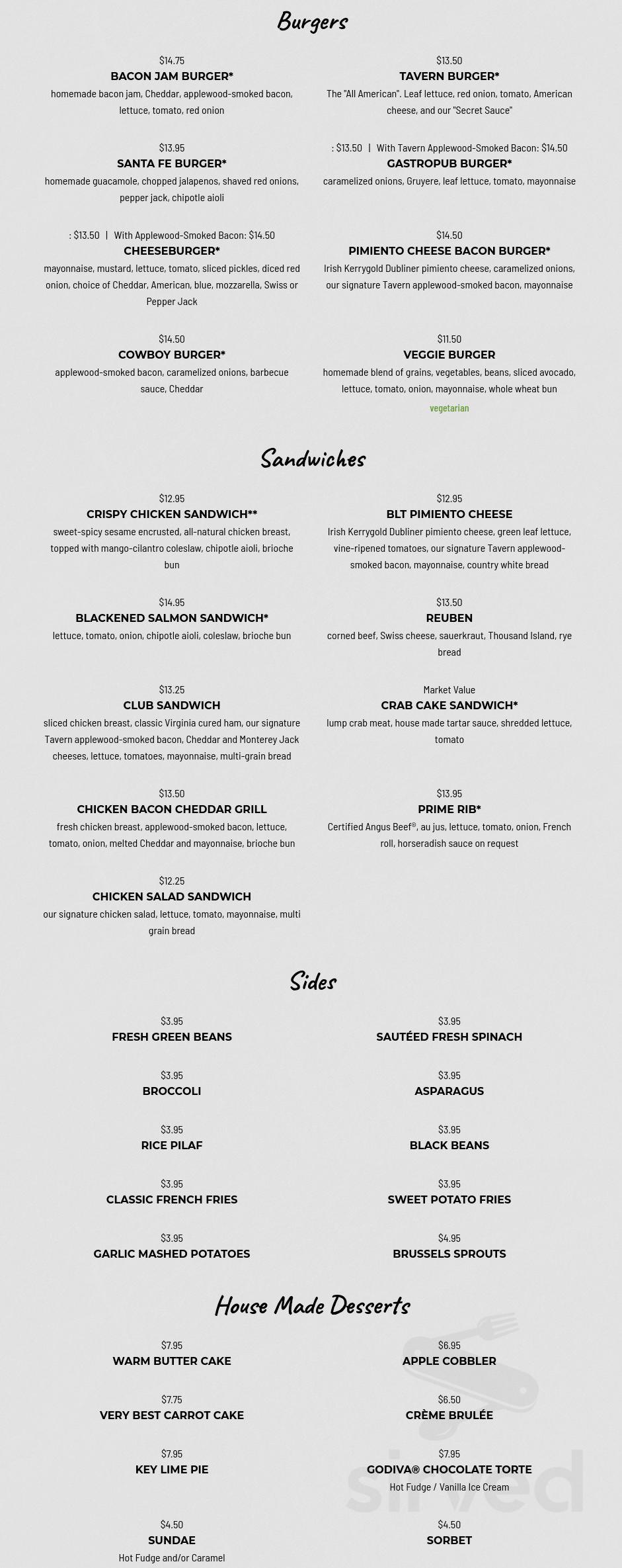 Village Tavern menu in Winston-Salem, North Carolina, USA