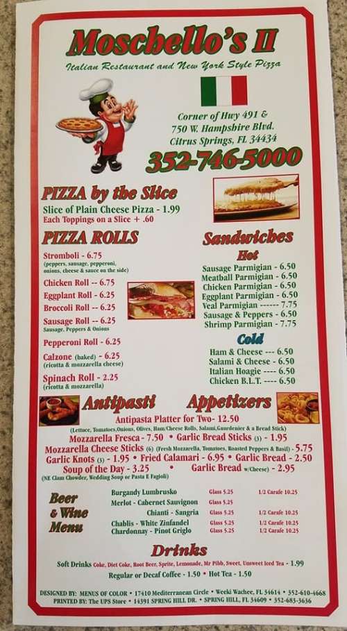 Moschello's II menu in Citrus Springs, Florida, USA
