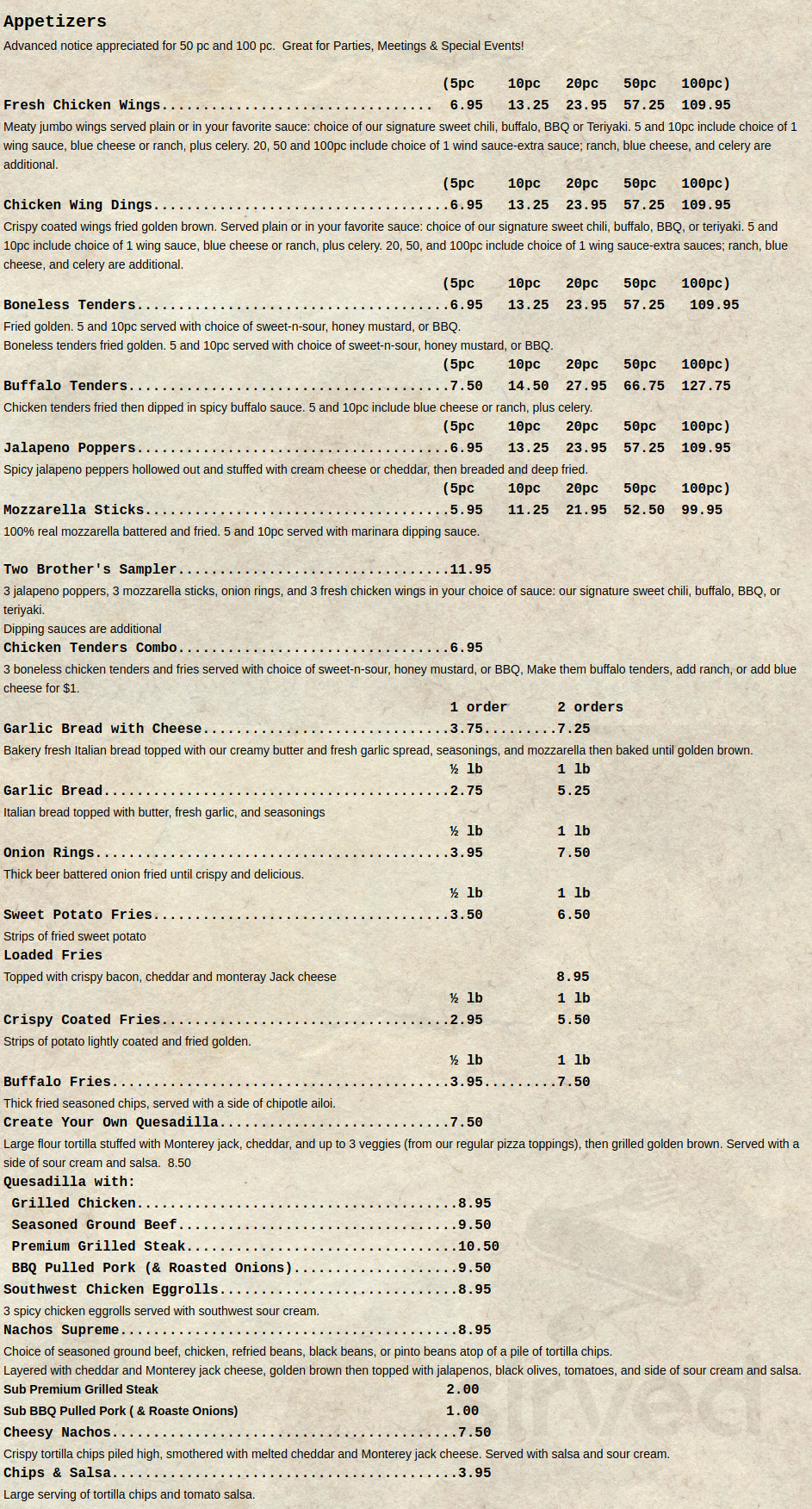 Two Brothers Pizza & Mexican menu in Sandwich, Massachusetts, USA