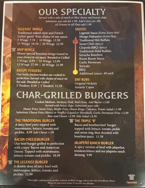 Legendz Sports Bar and Grill menu in French Lick, Indiana, USA