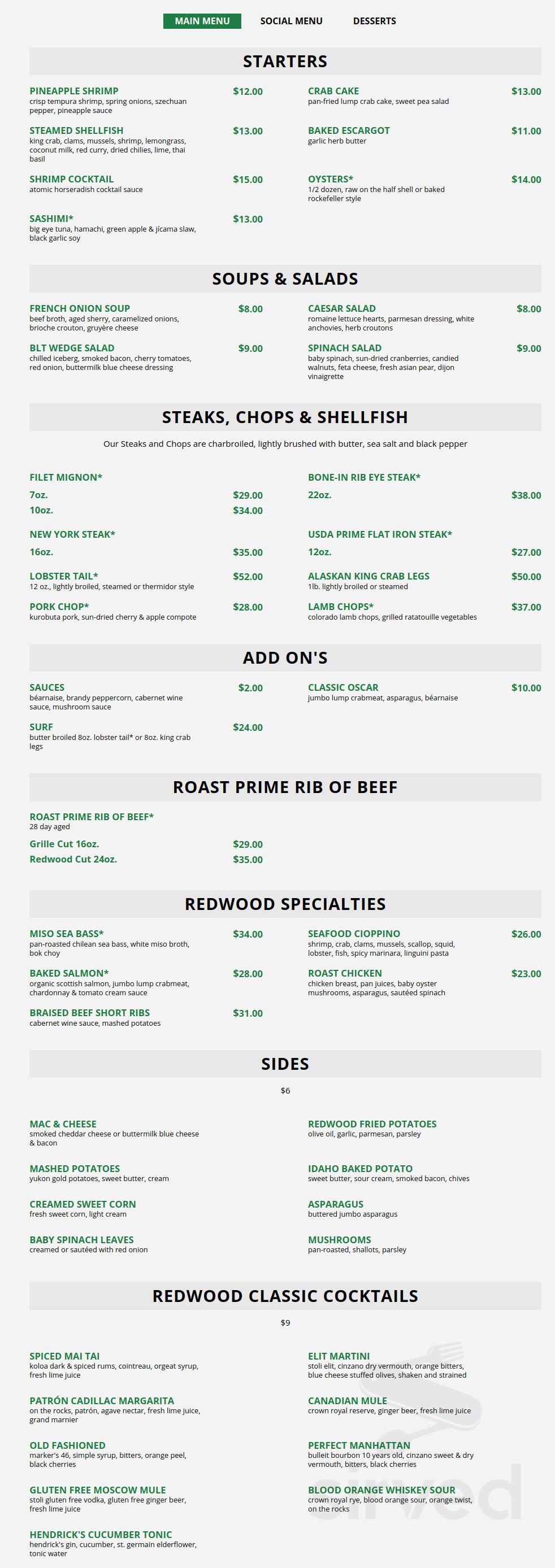 Redwood Steakhouse menu in Las Vegas, Nevada, USA