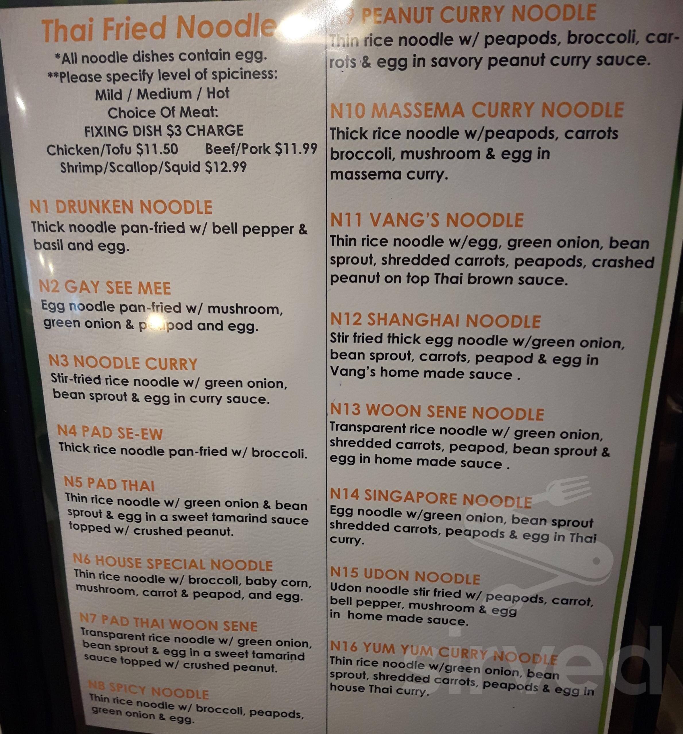 Vang's Thai Sushi Restaurant menus in Essex, Ontario, Canada