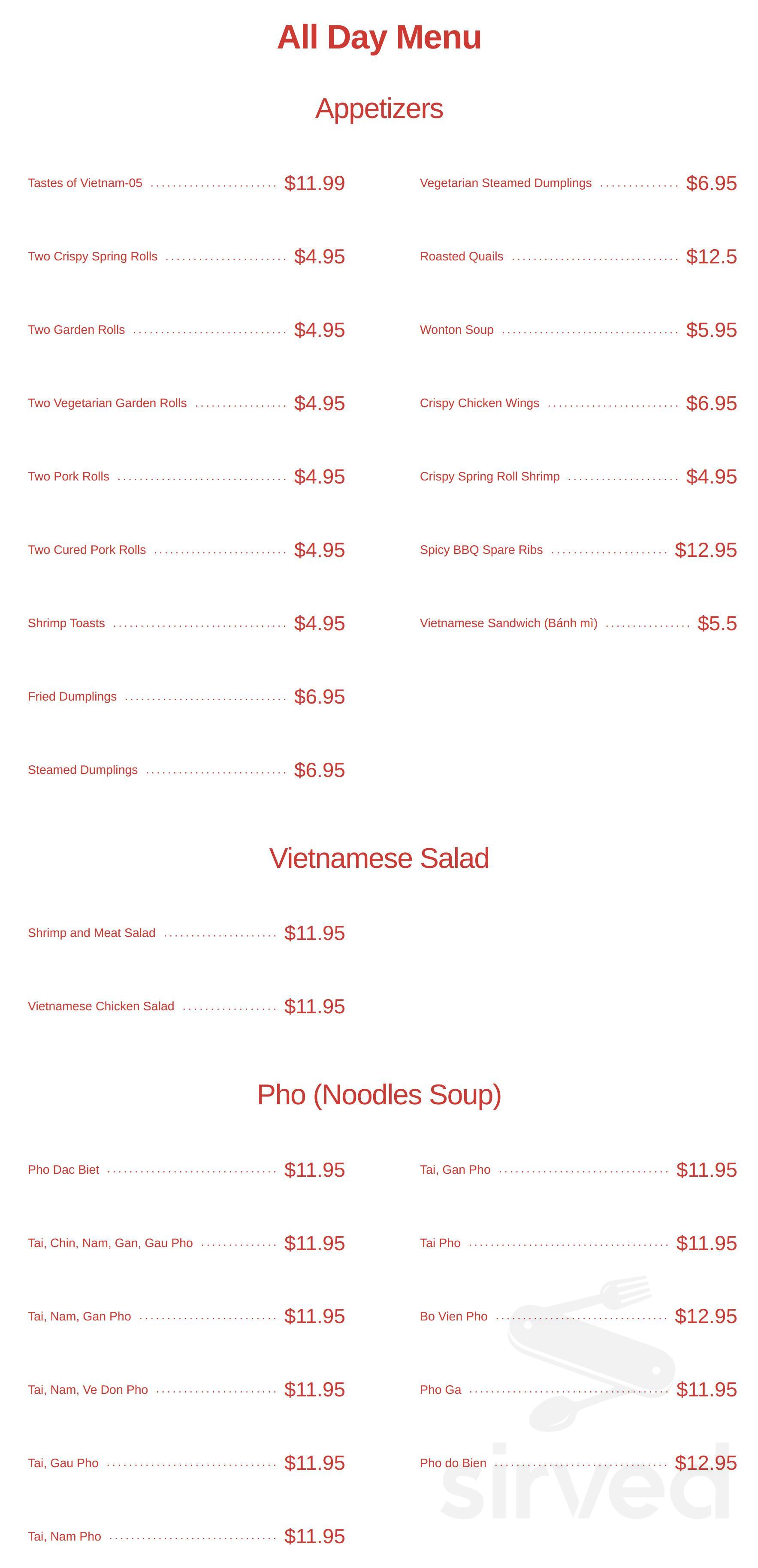 Menu - Sterling VA's Taste of Vietnam Restaurant | Sirved