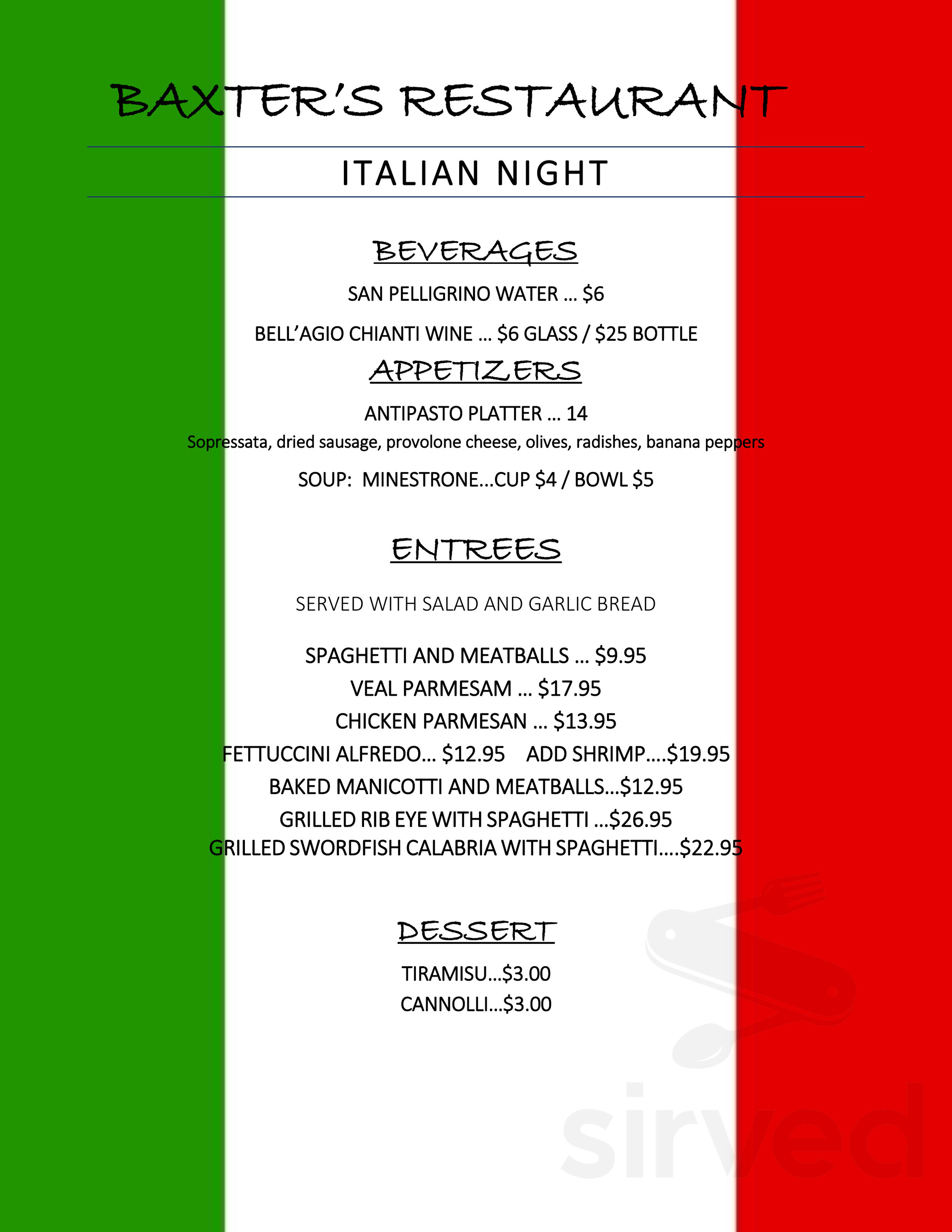 Baxter's Restaurant at Rutland Country Club menu in Rutland, Vermont, USA