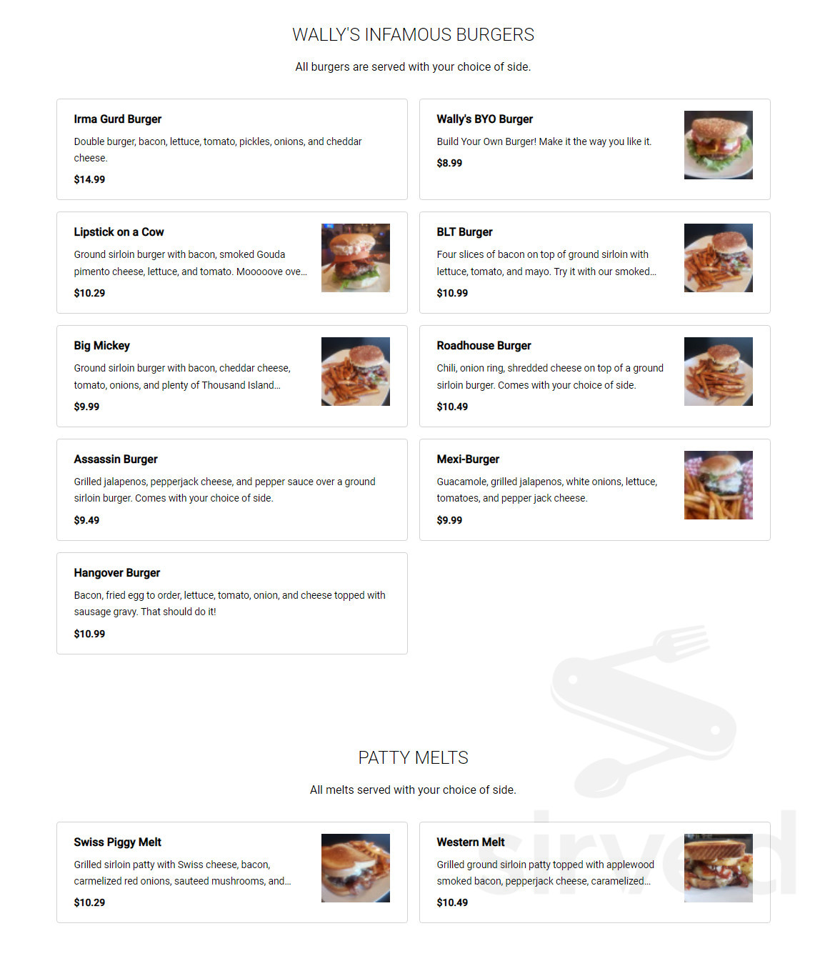 Wally Hatchets menu in Memphis, Tennessee, USA