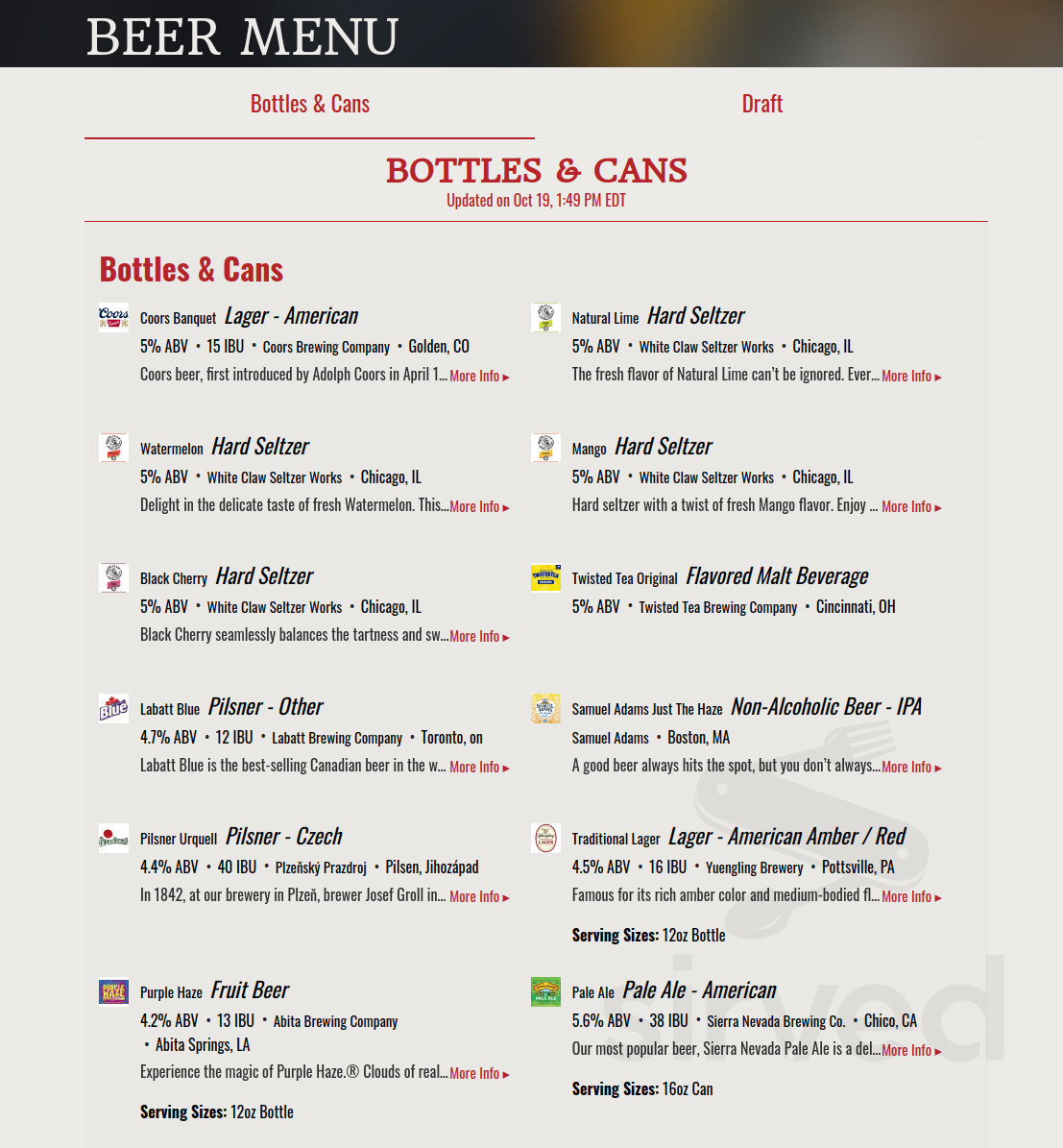 Ed's Tavern menu in Charlotte, North Carolina, USA