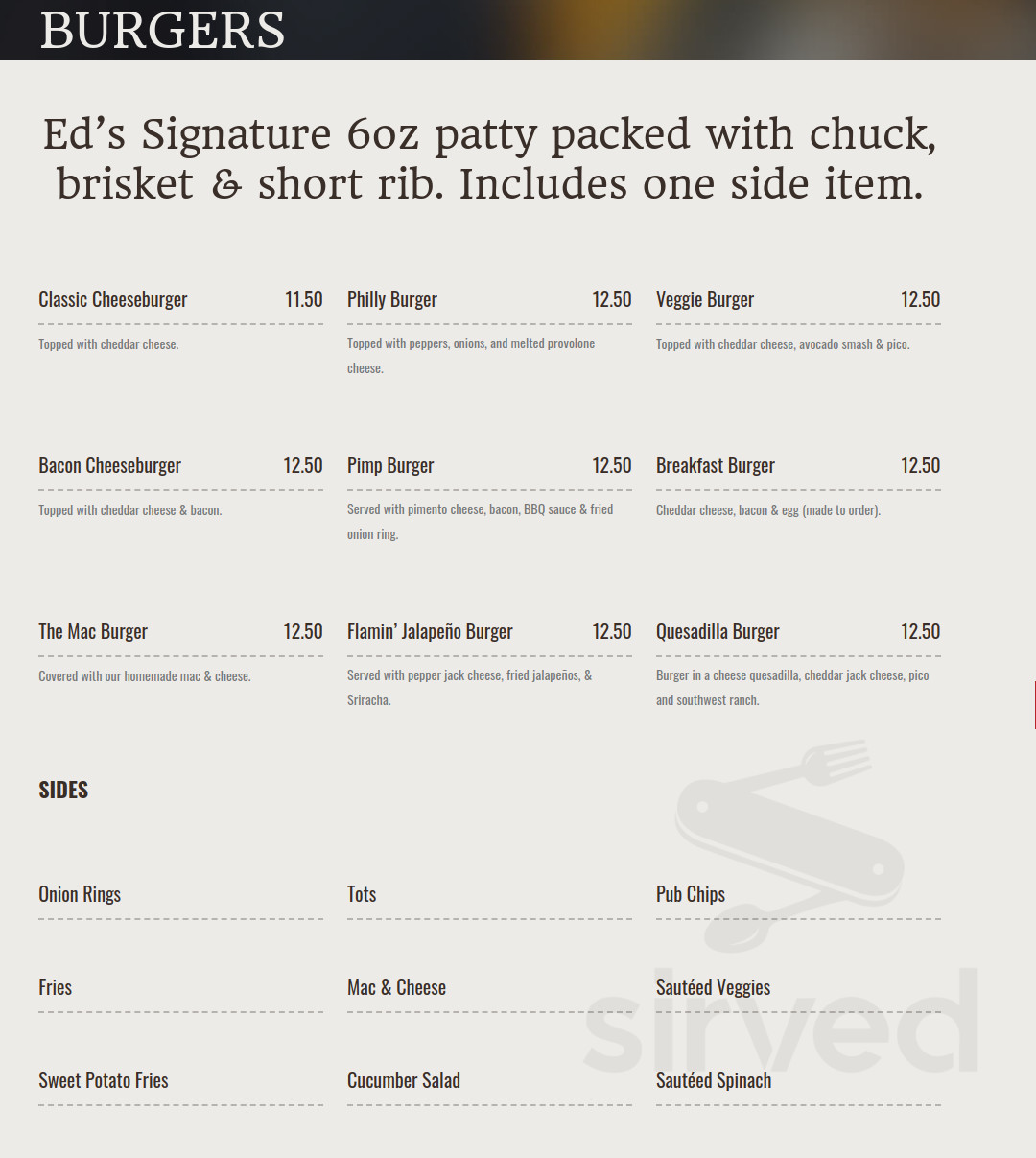 Ed's Tavern menu in Charlotte, North Carolina, USA