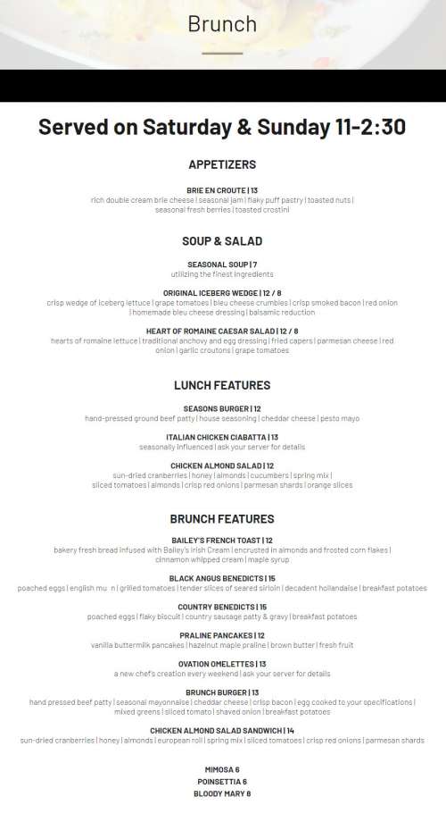 Seasons 101 menu in Sevierville, Tennessee, USA