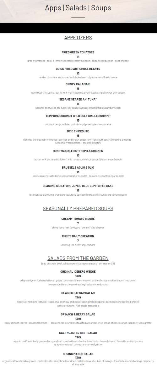 Seasons 101 menu in Sevierville, Tennessee, USA