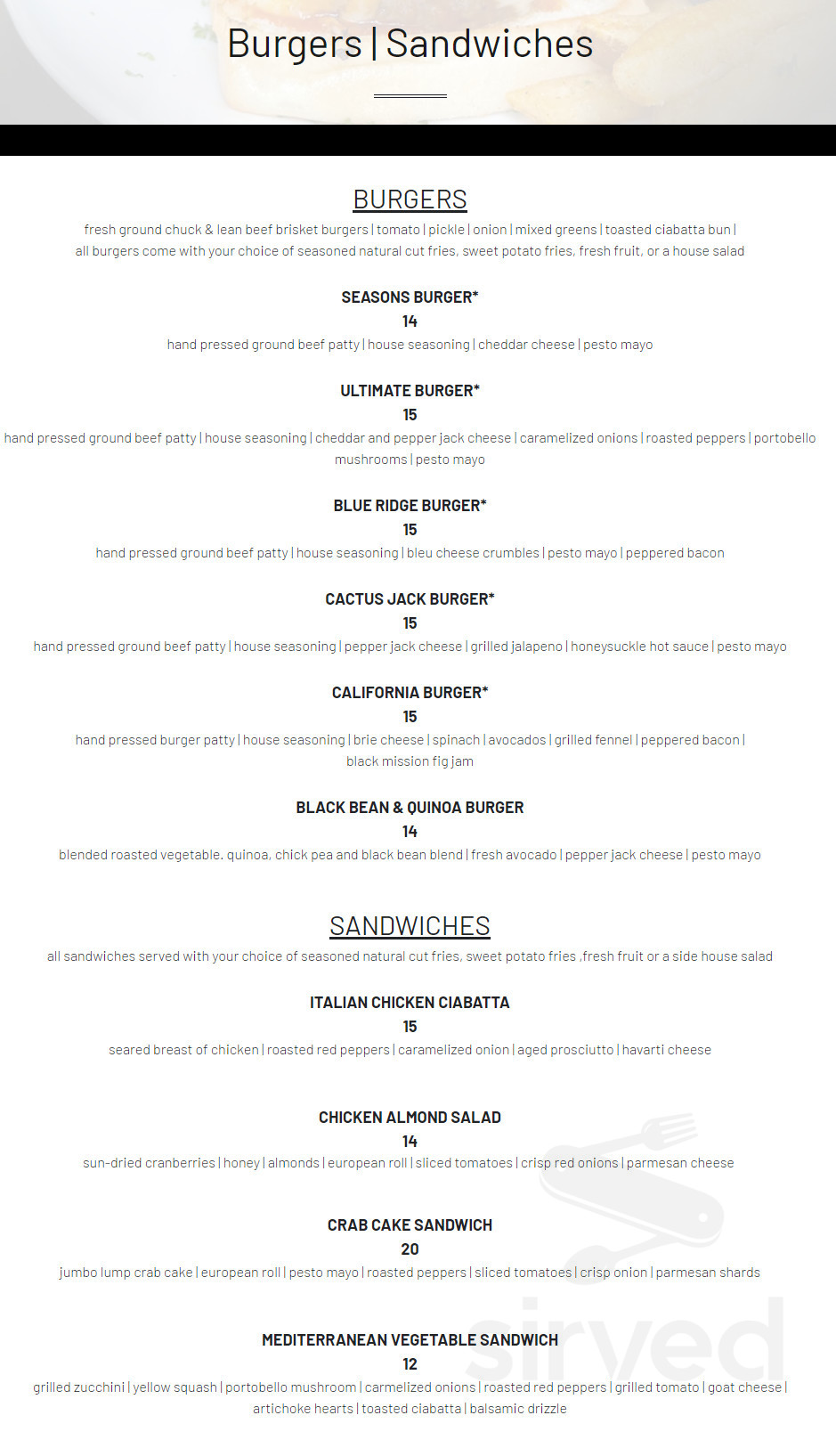 Seasons 101 menu in Sevierville, Tennessee, USA