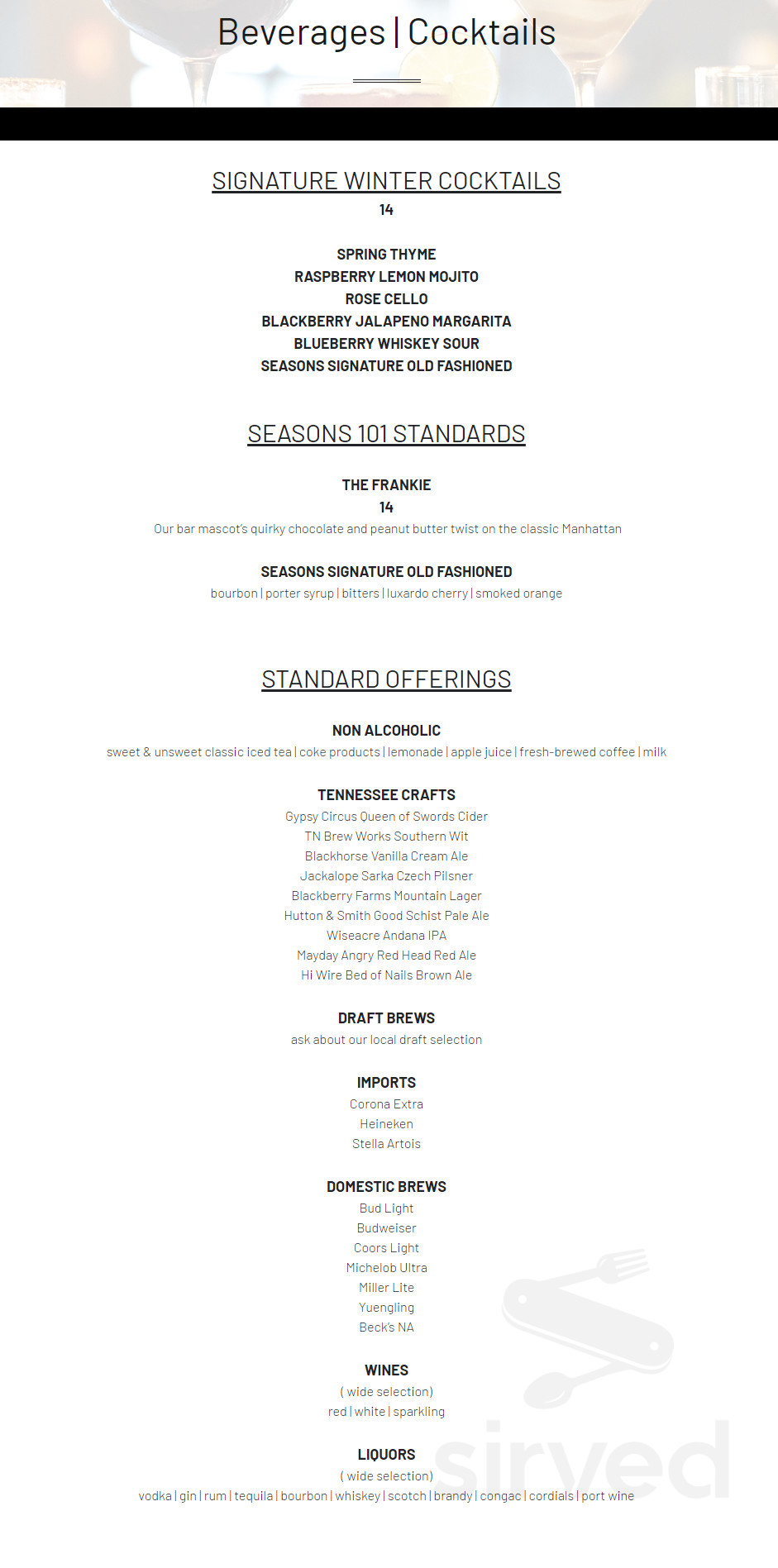 Menu for Seasons 101 in Sevierville, TN | Sirved