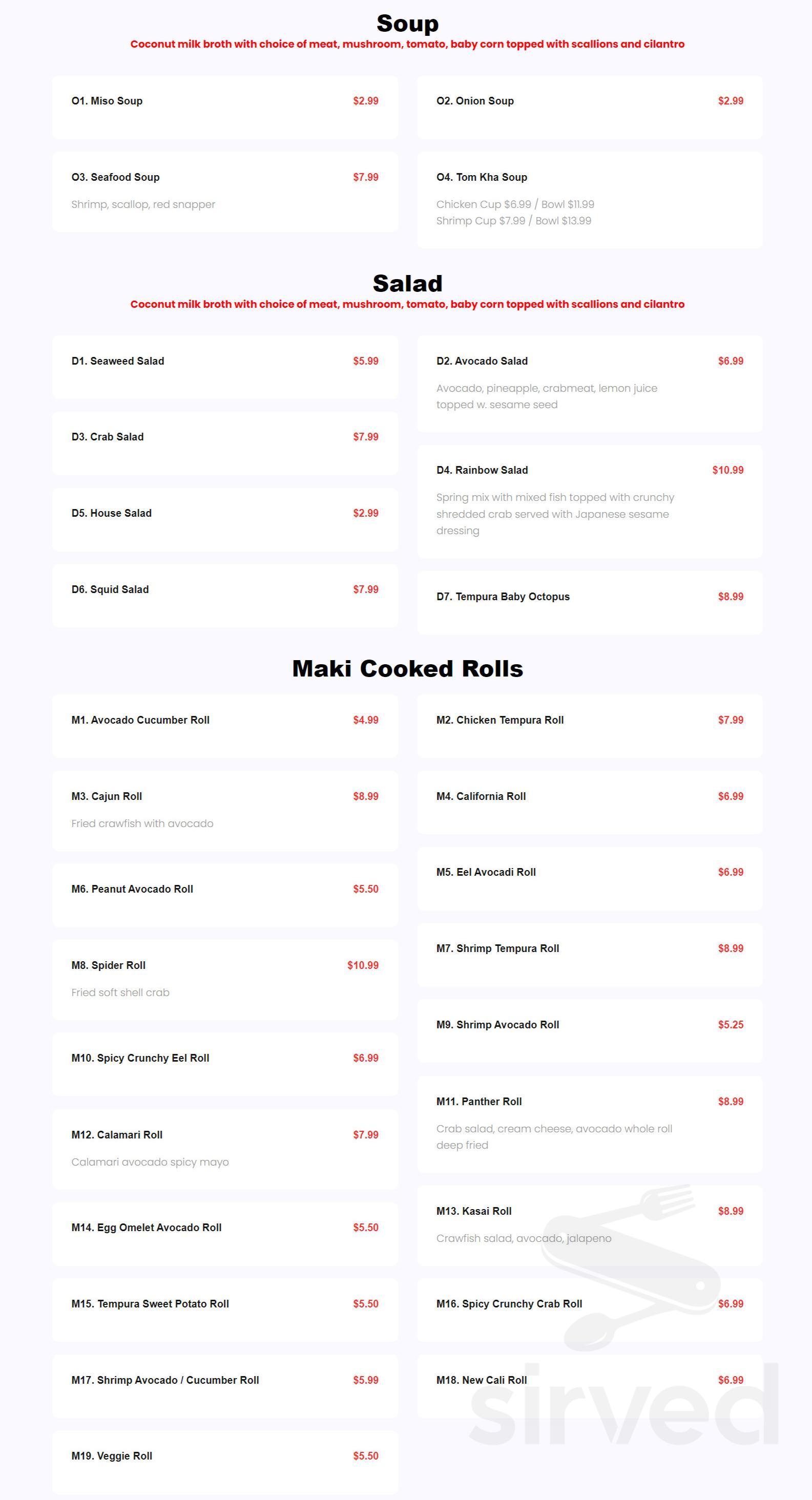 Kasai Hibachi Sushi and Bar menu in Colleyville, Texas, USA