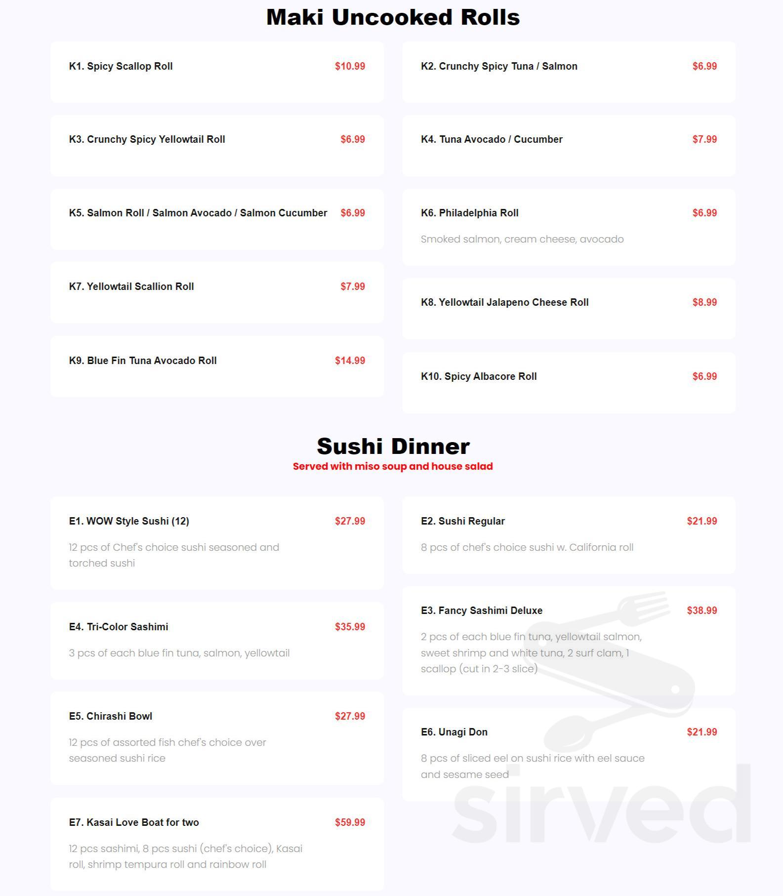 Kasai Hibachi Sushi and Bar menu in Colleyville, Texas, USA