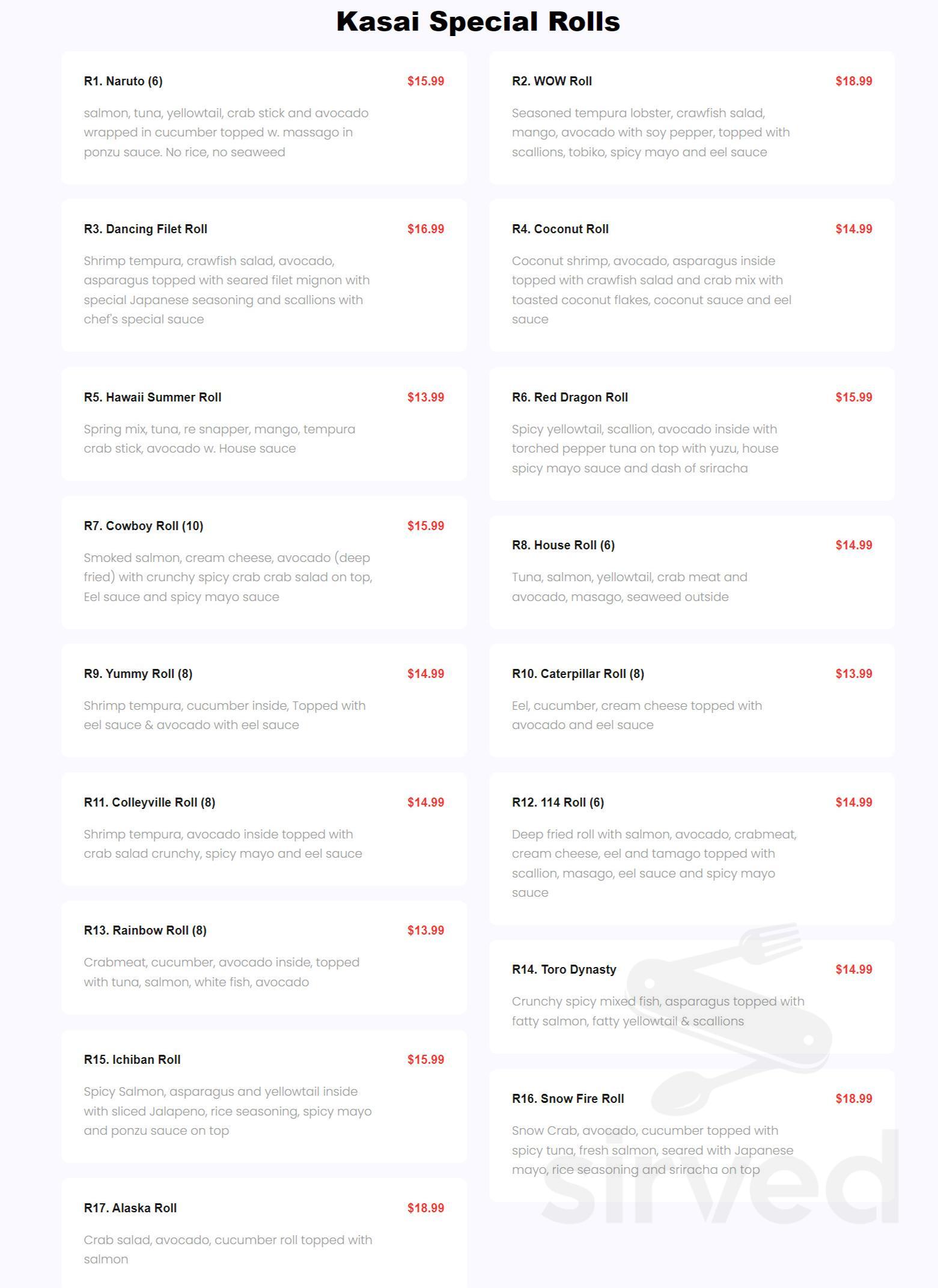 Kasai Hibachi Sushi and Bar menu in Colleyville, Texas, USA