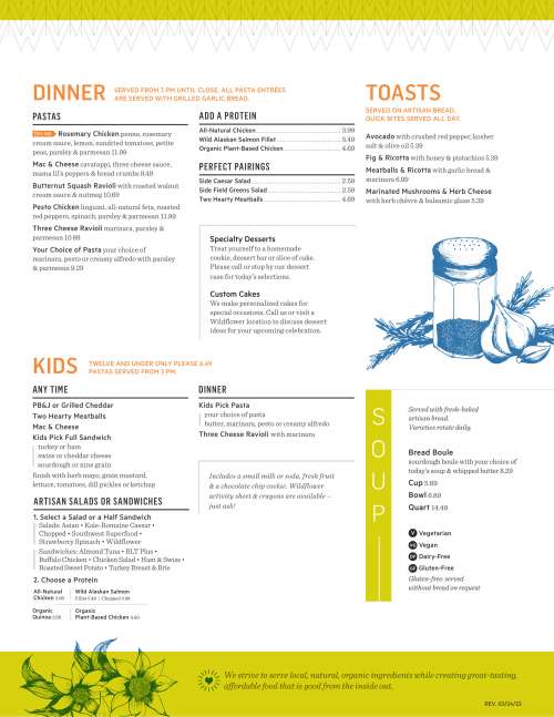 Wildflower menu in Gilbert, Arizona, USA