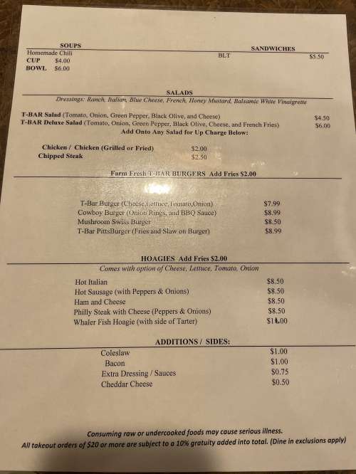 T-Bar menu in Cabot, Pennsylvania, USA