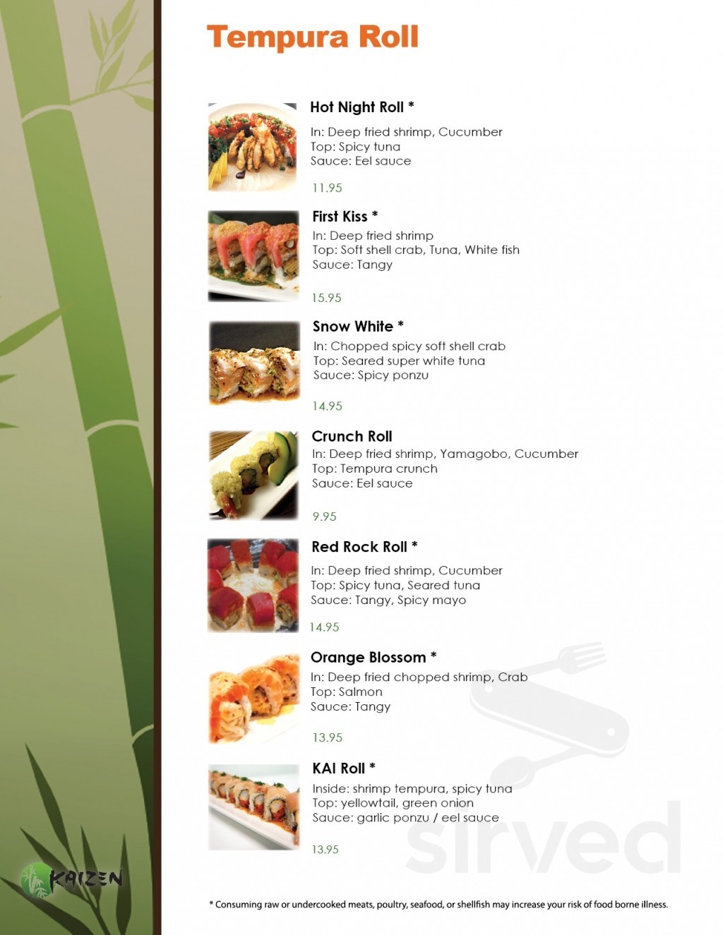 Kaizen Fusion Roll & Sushi menu in Las Vegas, Nevada, USA