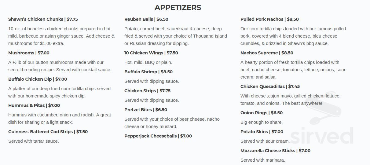 Menu for Shawn's Irish Tavern in Waterville, OH | Sirved
