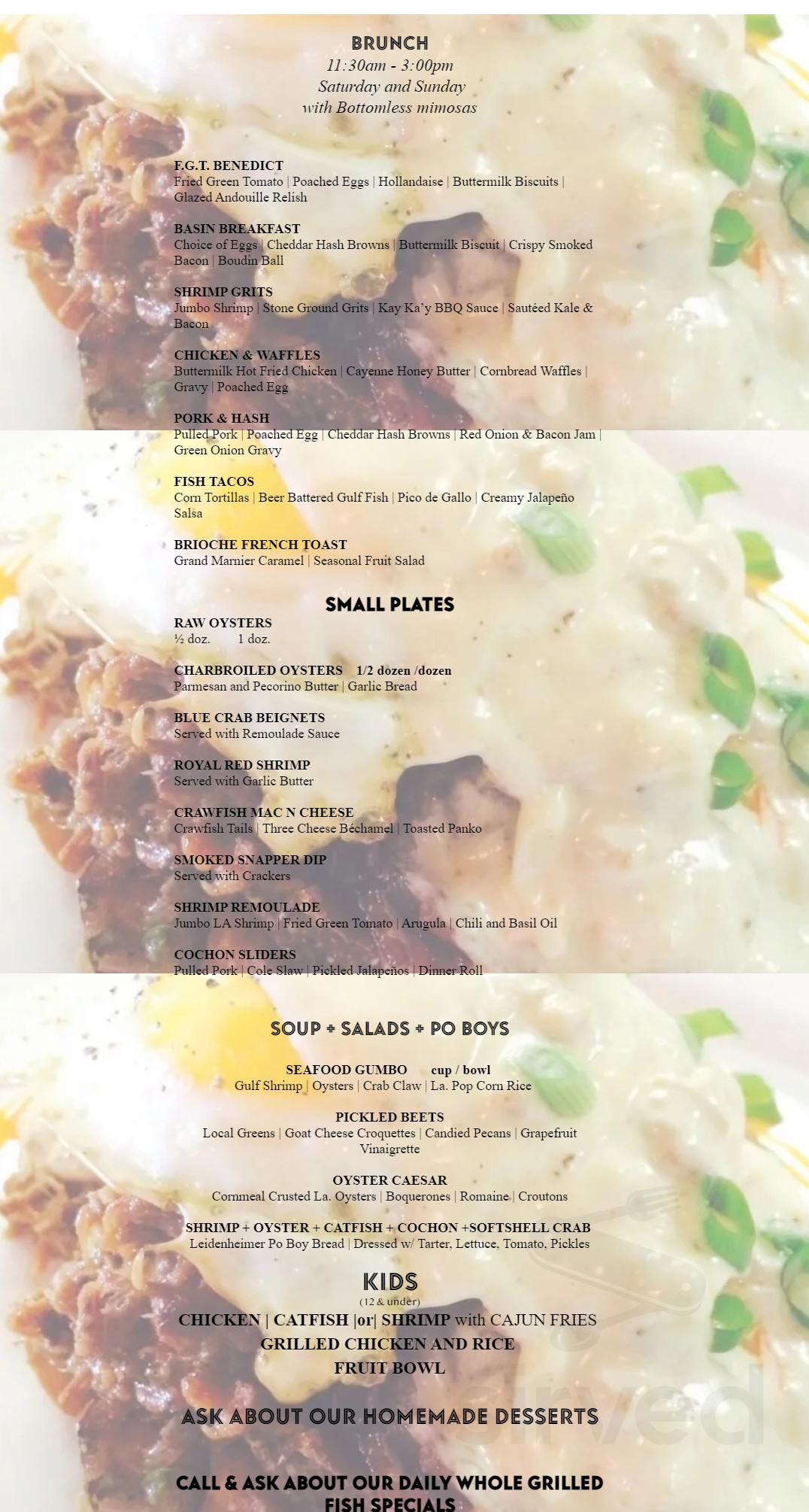 Basin Seafood and Spirits menu in New Orleans, Louisiana, USA