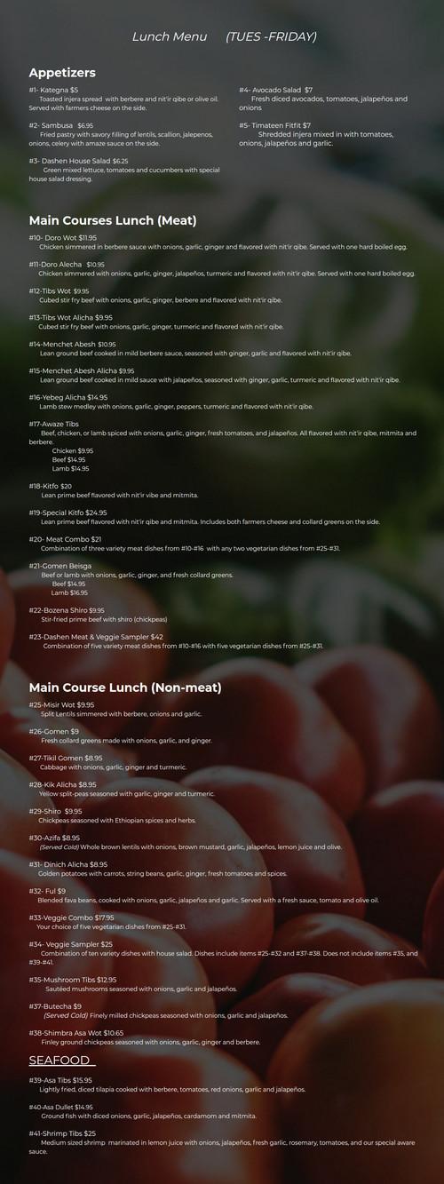 Dashen Ethiopian Cuisine menu in New Brunswick, New Jersey, USA