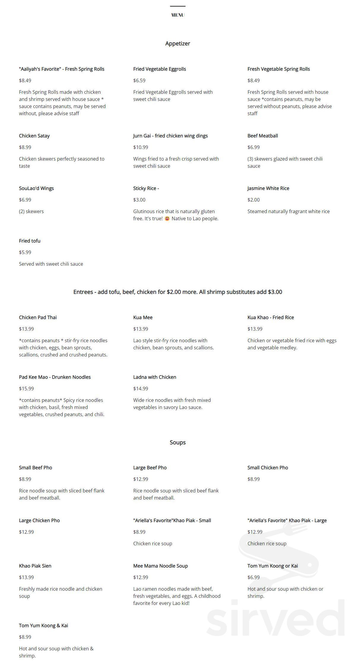 SouLao'd Kitchen menu in Springfield, Massachusetts, USA