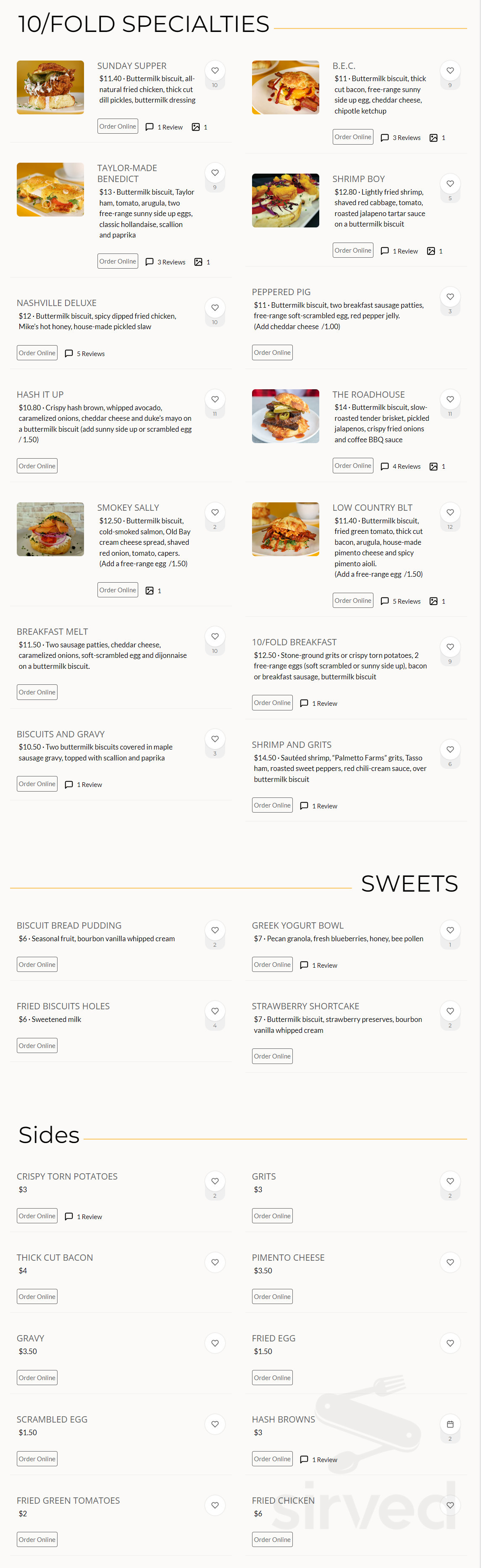 10/Fold Biscuits menu in Myrtle Beach, South Carolina, USA