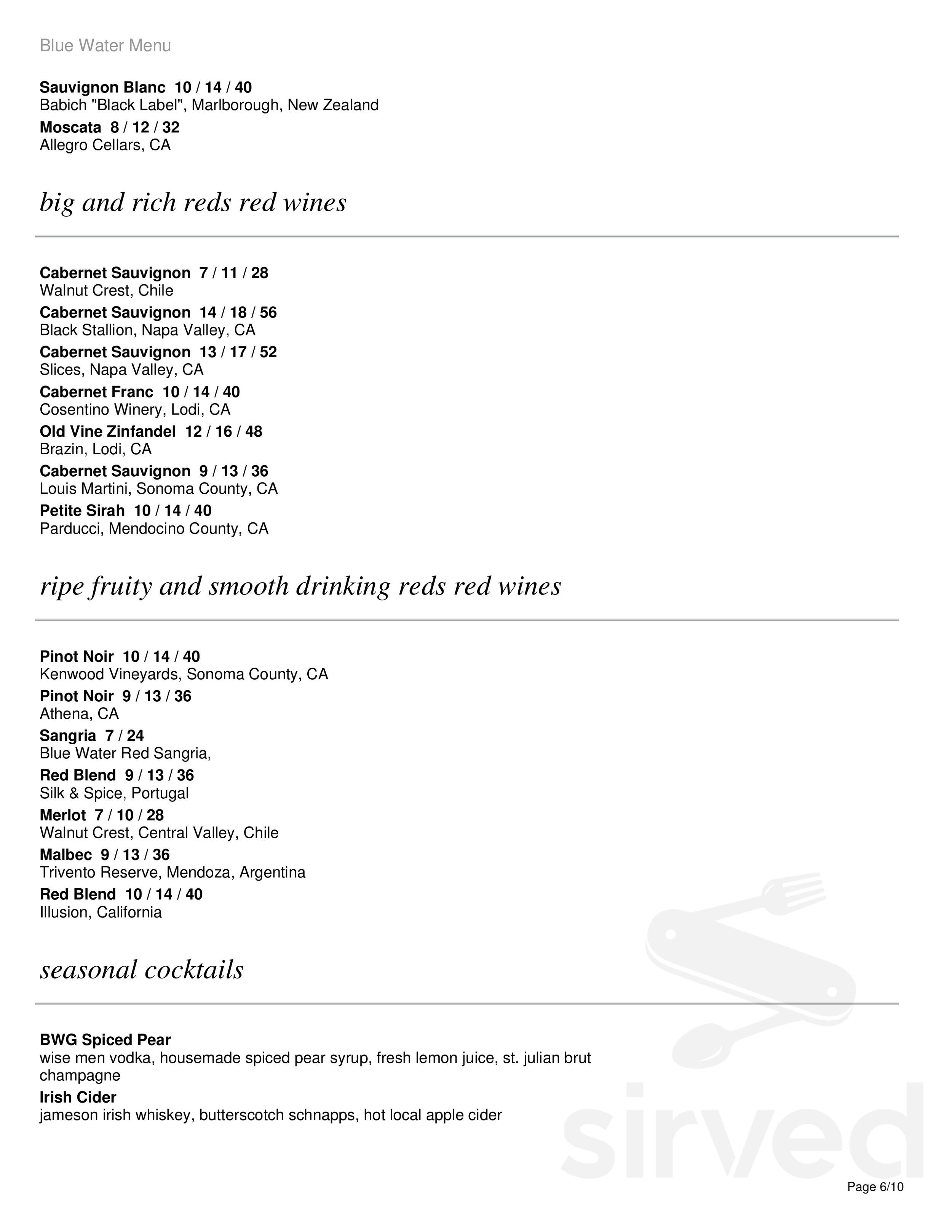 Blue Water menu in Grand Rapids, Michigan, USA