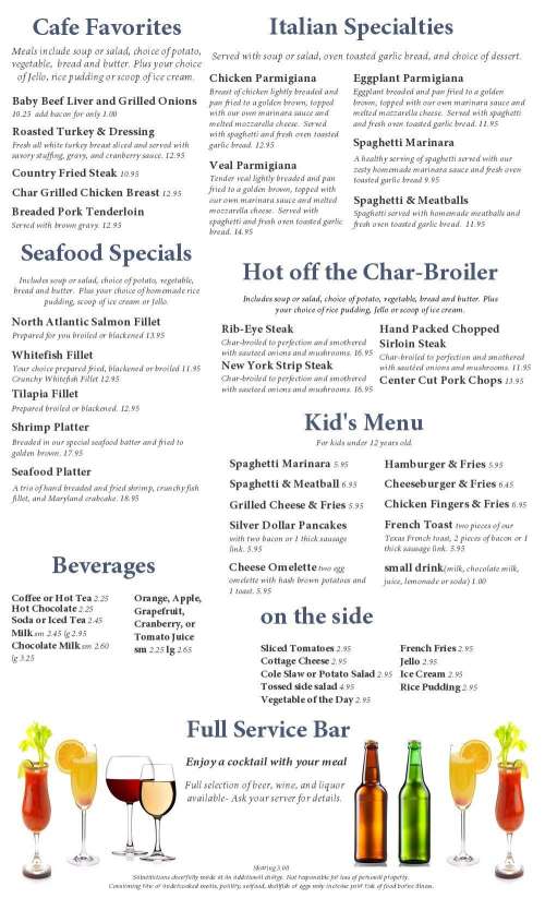 Summerlin Cafe menu in Fort Myers Beach, Florida, USA