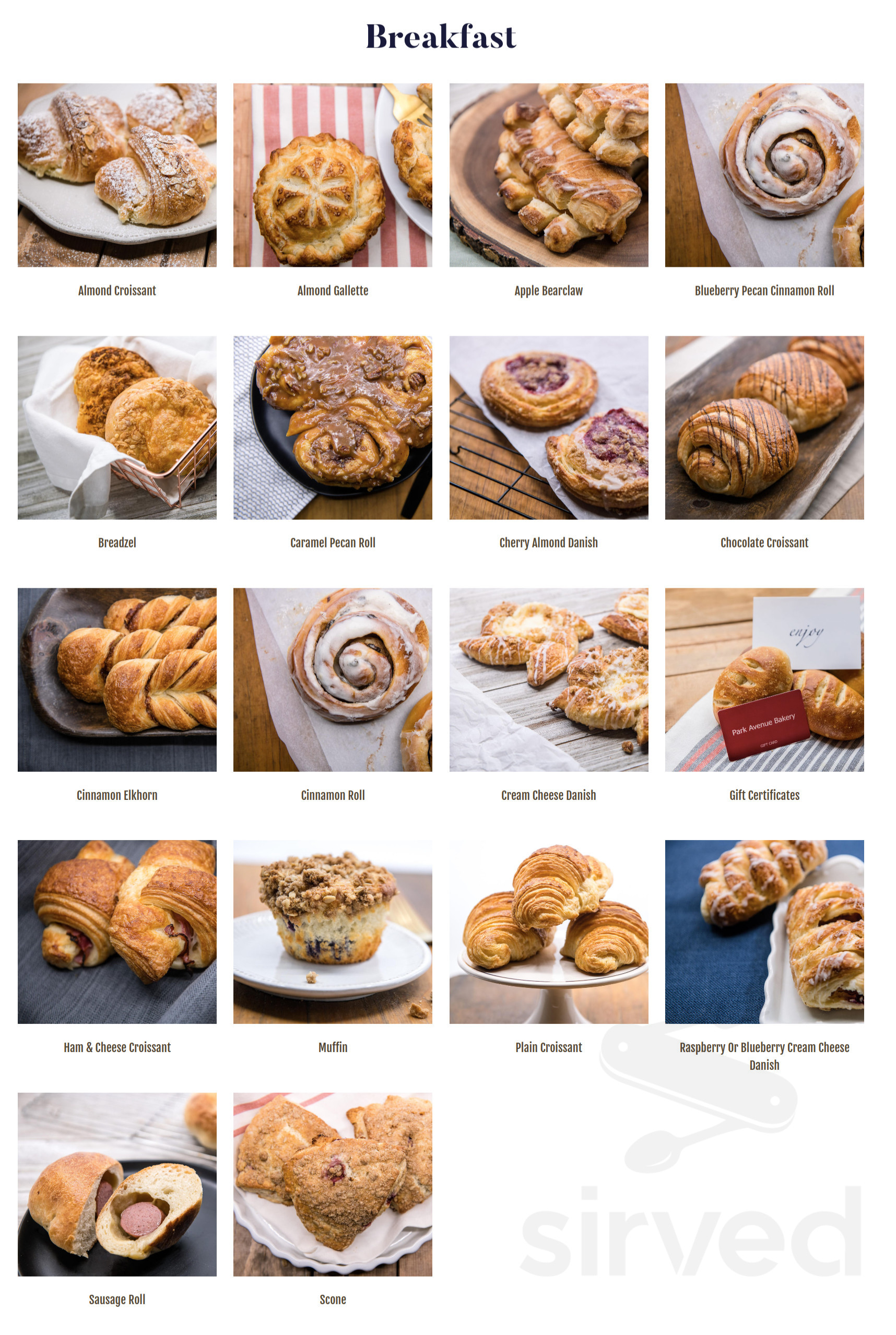 Menu - Helena MT's Park Avenue Bakery | Sirved