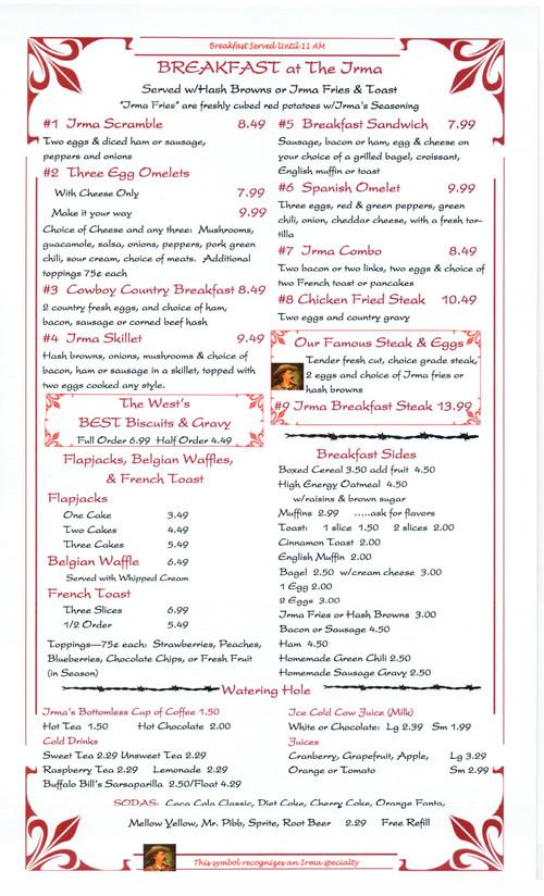 Irma Restaurant Grill menu in Cody, Wyoming, USA