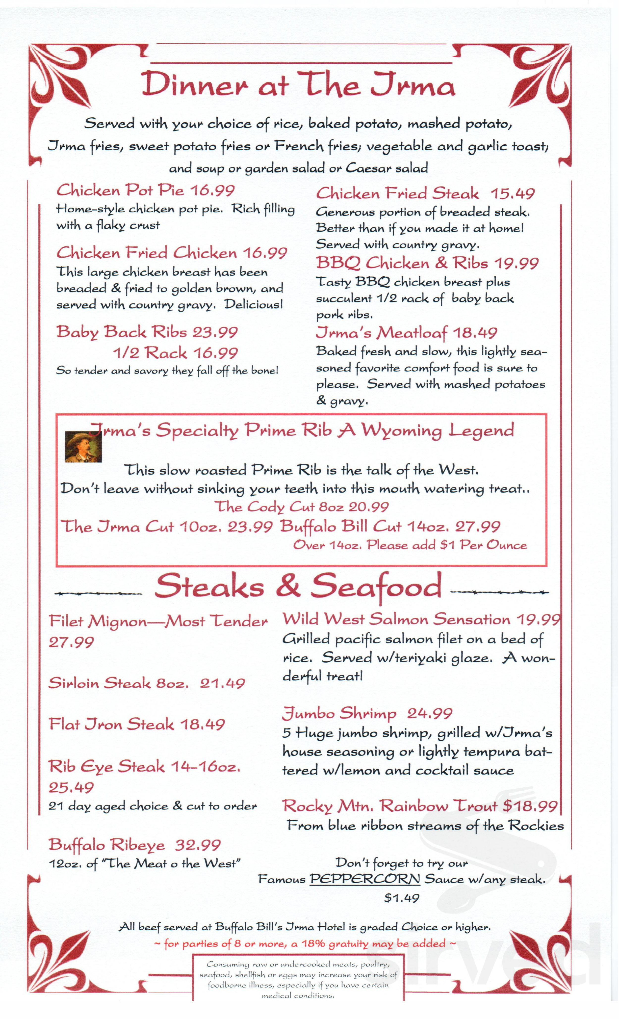 Irma Restaurant Grill menu in Cody, Wyoming, USA
