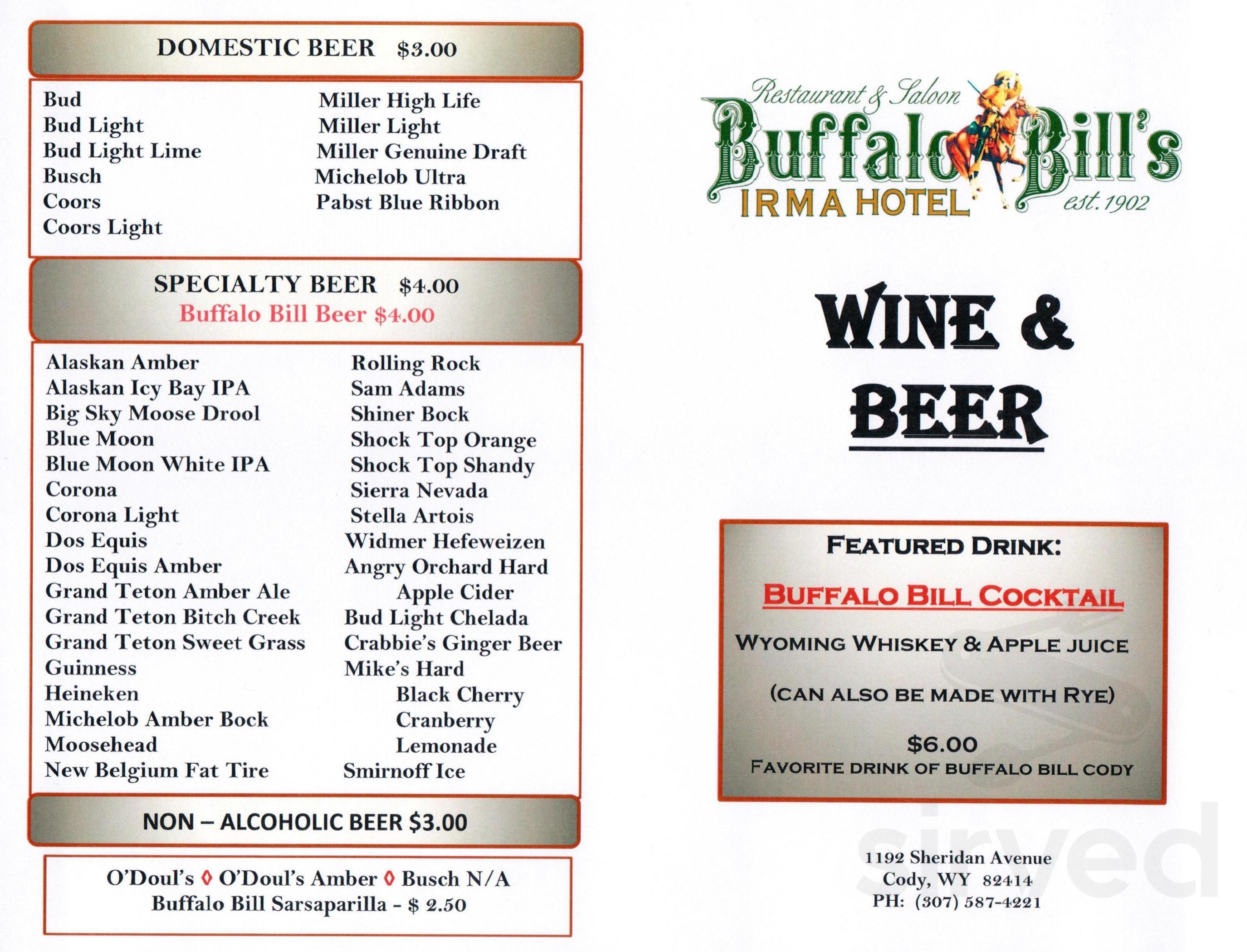 Irma Restaurant Grill menu in Cody, Wyoming, USA