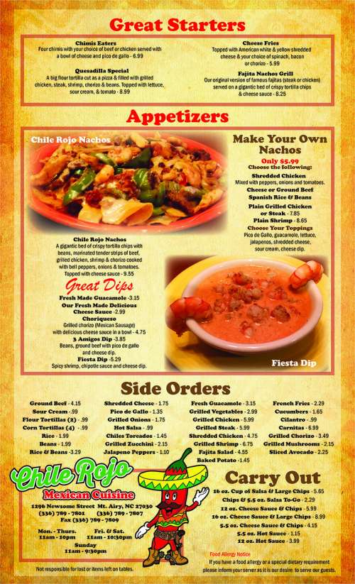 Chile Rojo Mexican Cuisine menu in Mt Airy, North Carolina, USA
