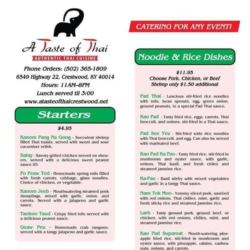 A Taste of Thai menu in Crestwood, Kentucky, USA