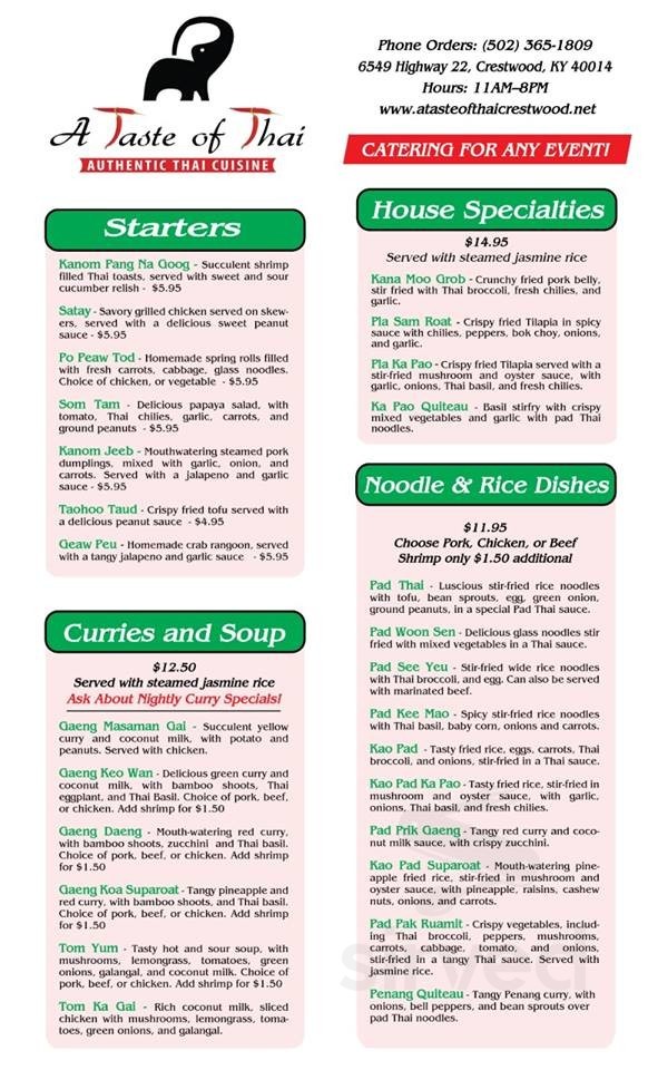 A Taste of Thai menu in Crestwood, Kentucky, USA