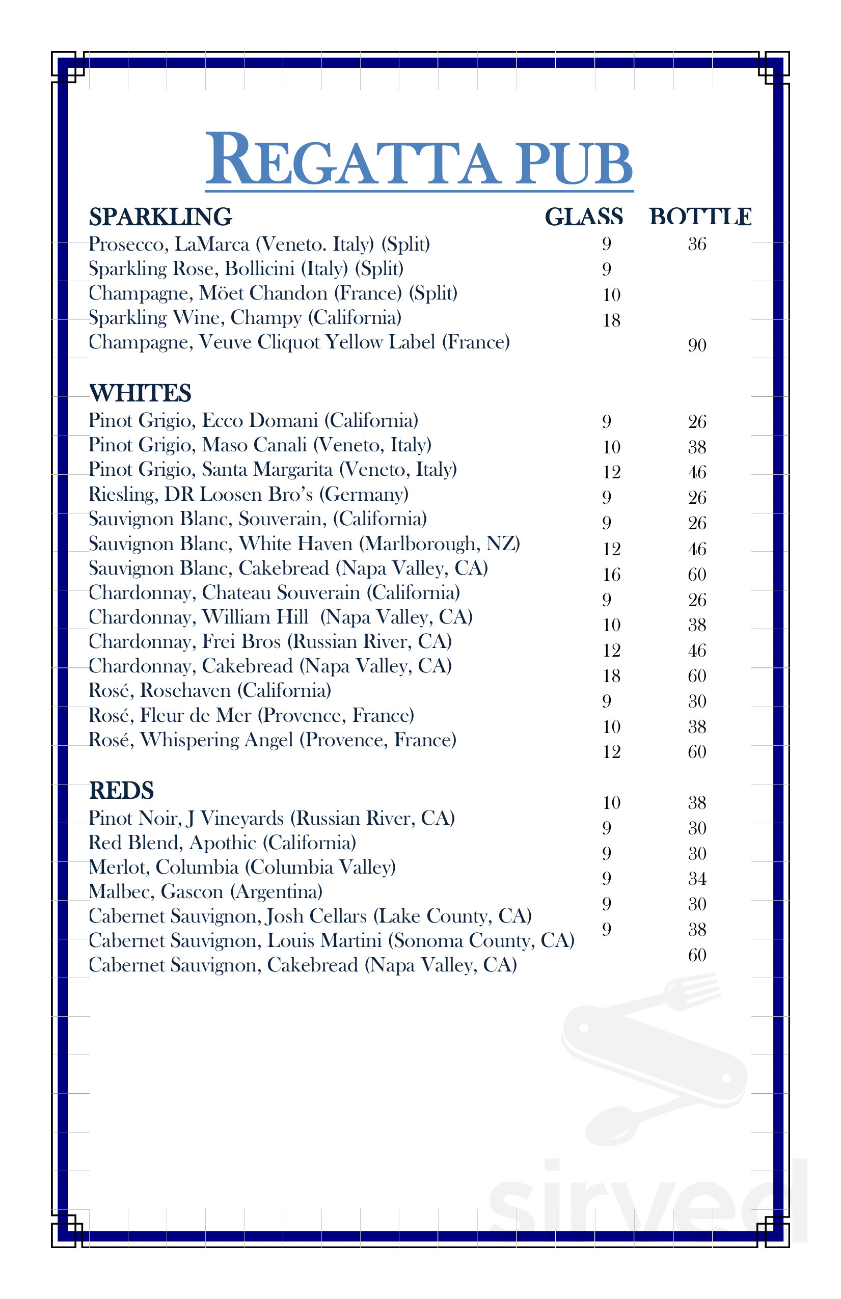 Regatta Pub menu in Salem, Massachusetts, USA