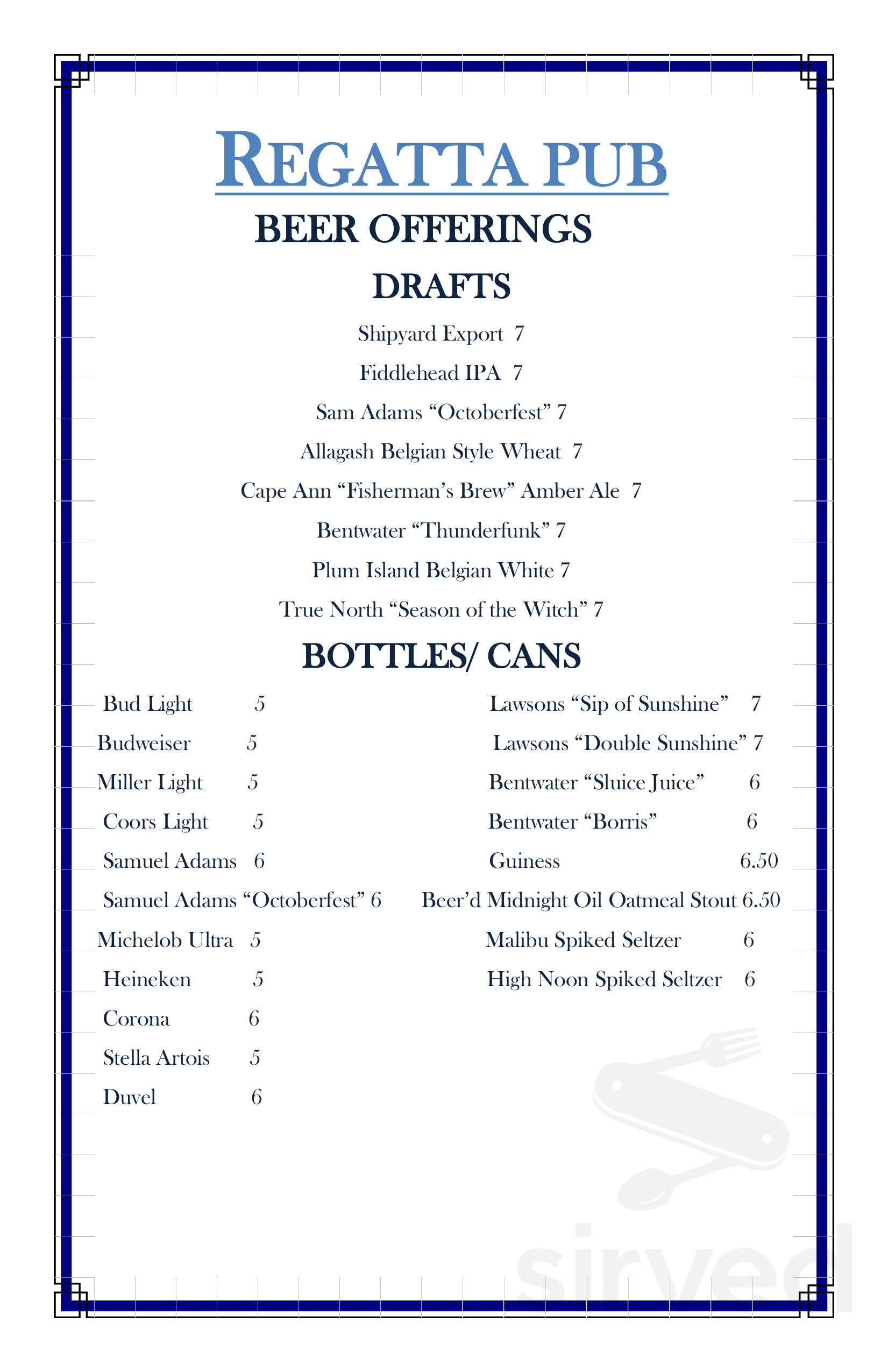 Regatta Pub menu in Salem, Massachusetts, USA