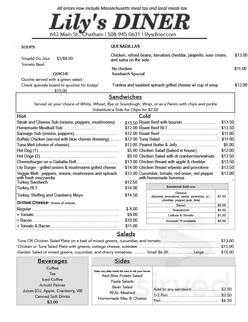 Lily's Diner menu in Chatham, Massachusetts, USA