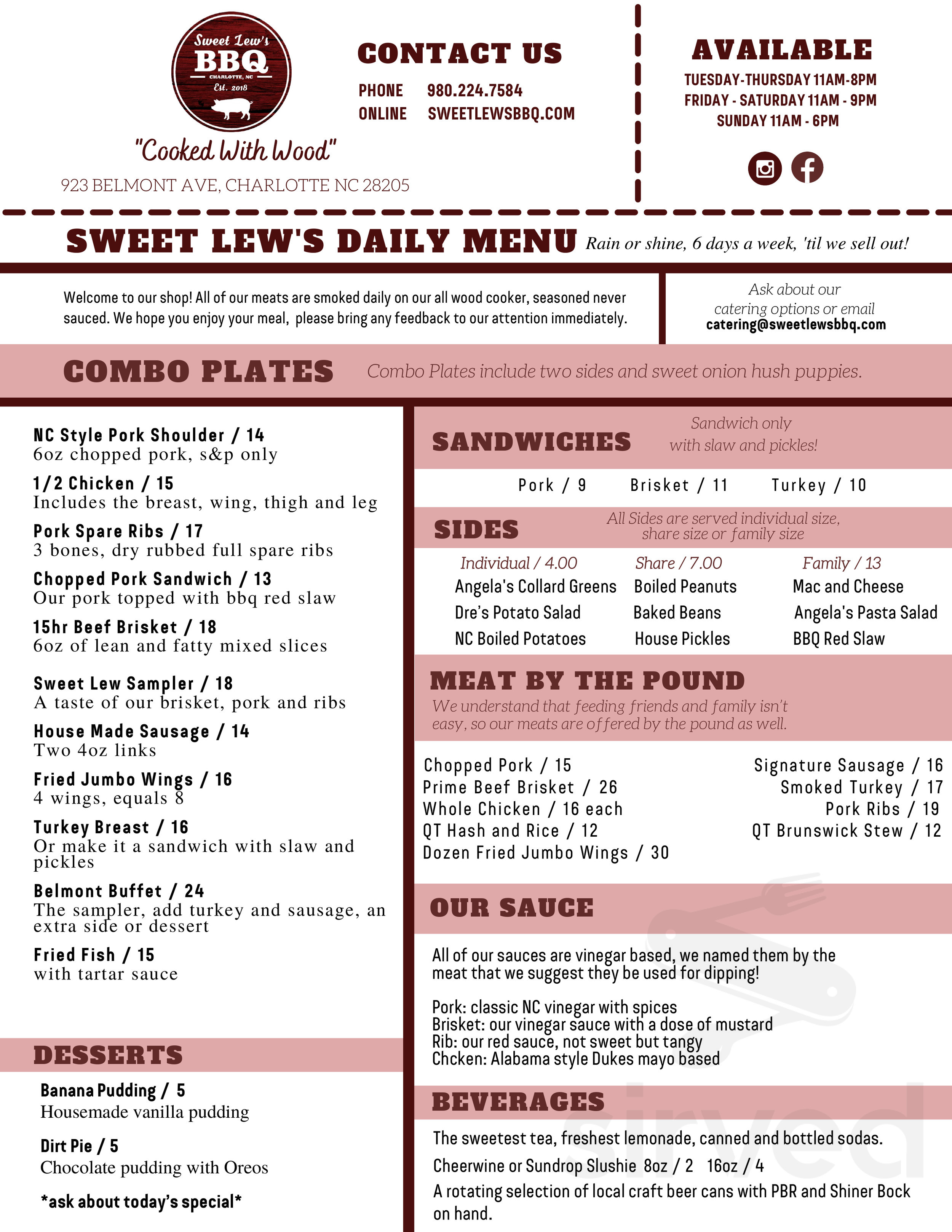 Sweet Lew's BBQ menu in Charlotte, North Carolina, USA