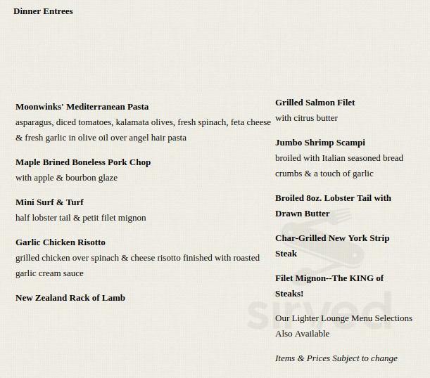 Moonwinks menu in Cuba, New York, USA