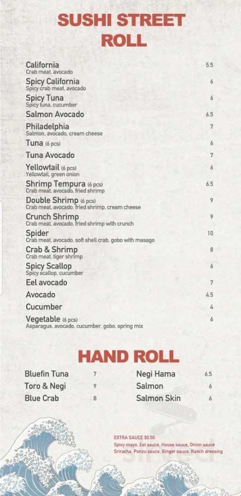 sushi street menu in Keller, Texas, USA
