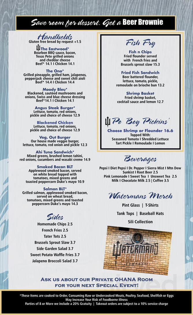 Waterman's Brewing menu in Wilmington, North Carolina, USA