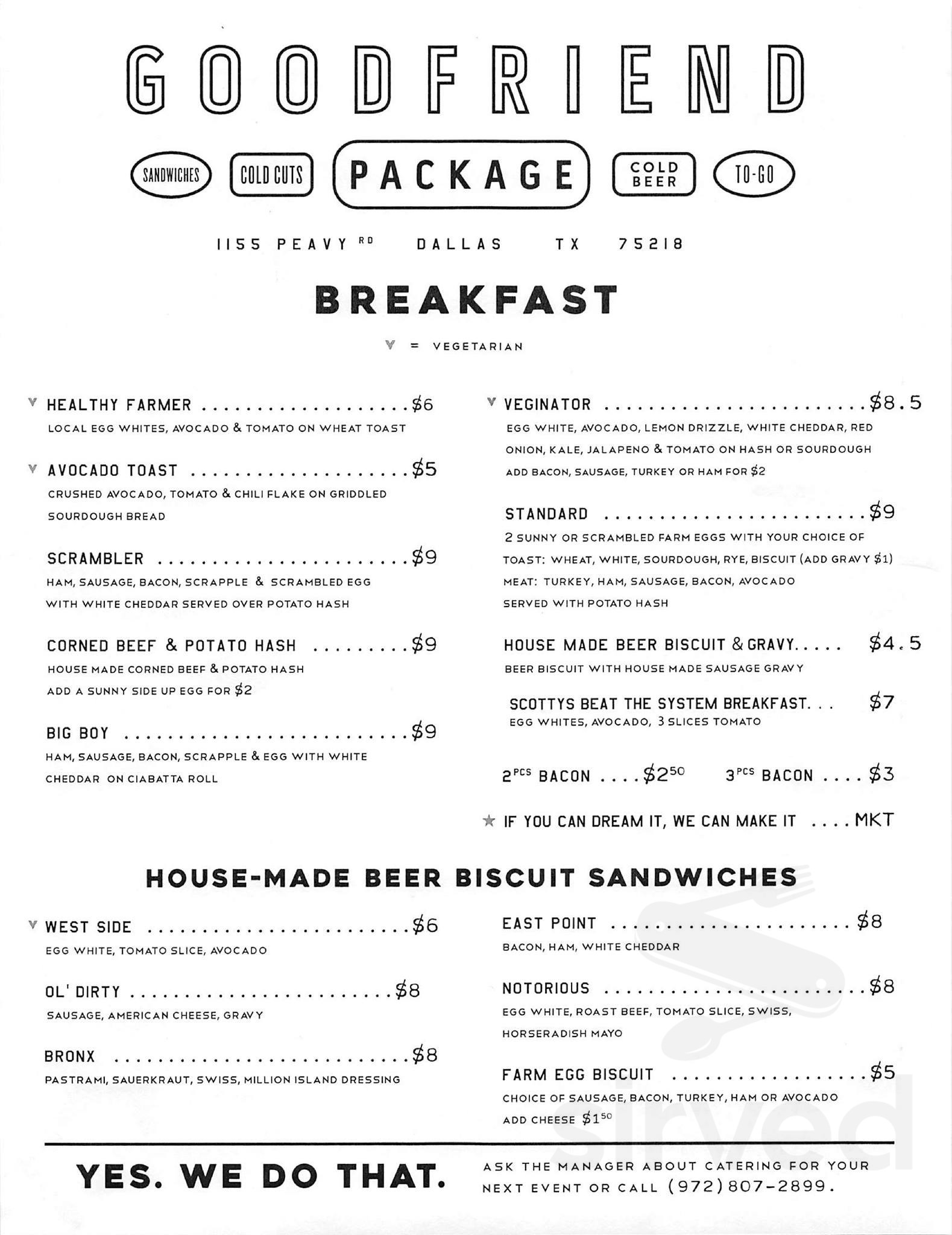 Goodfriend Package menu in Dallas, Texas, USA