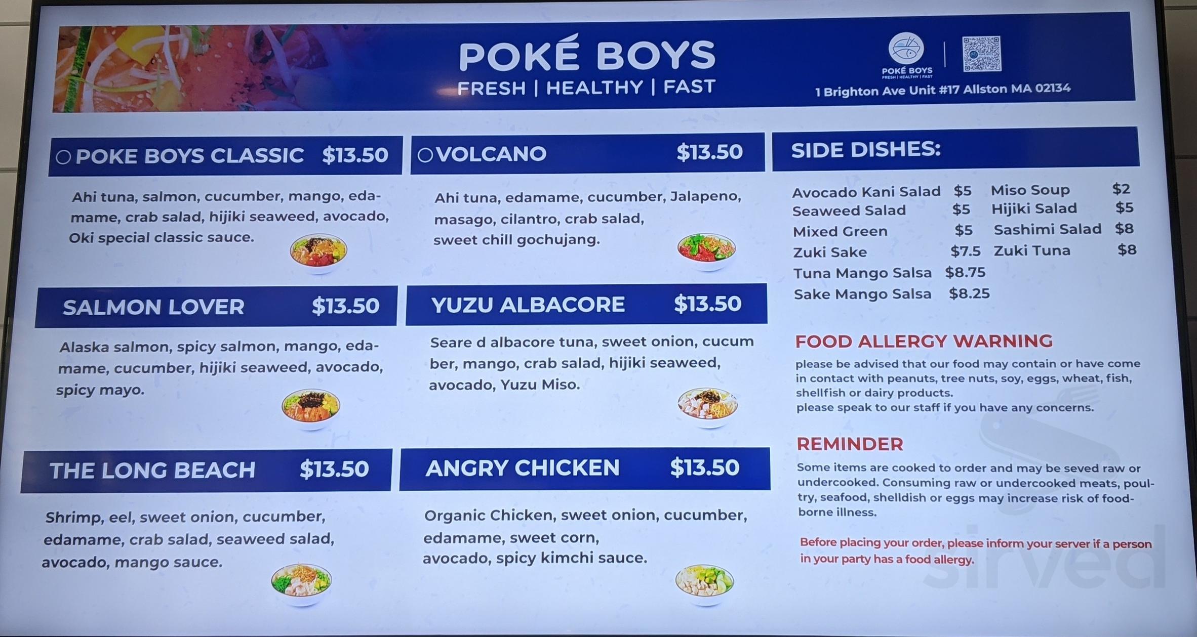 Poke Boys menu in Boston, Massachusetts, USA