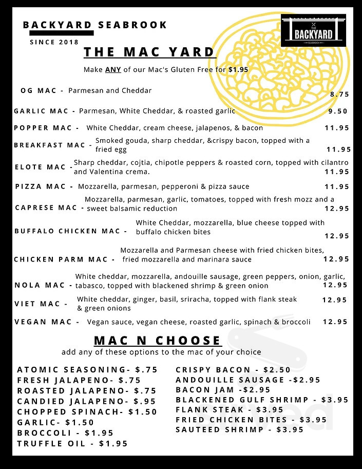 Menu - Seabrook TX's The Backyard | Sirved