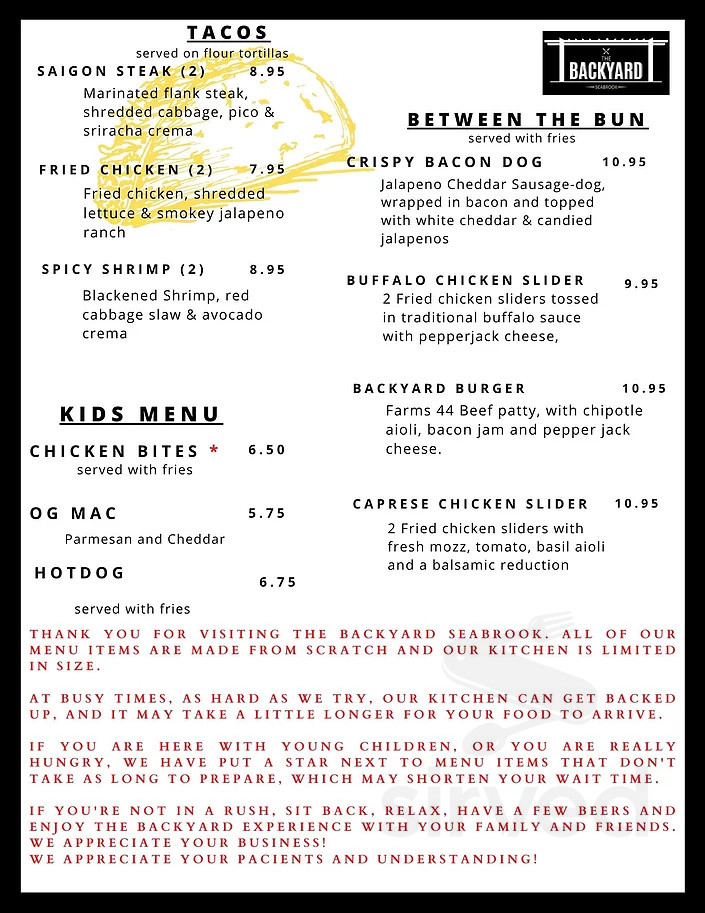 Menu - Seabrook TX's The Backyard | Sirved