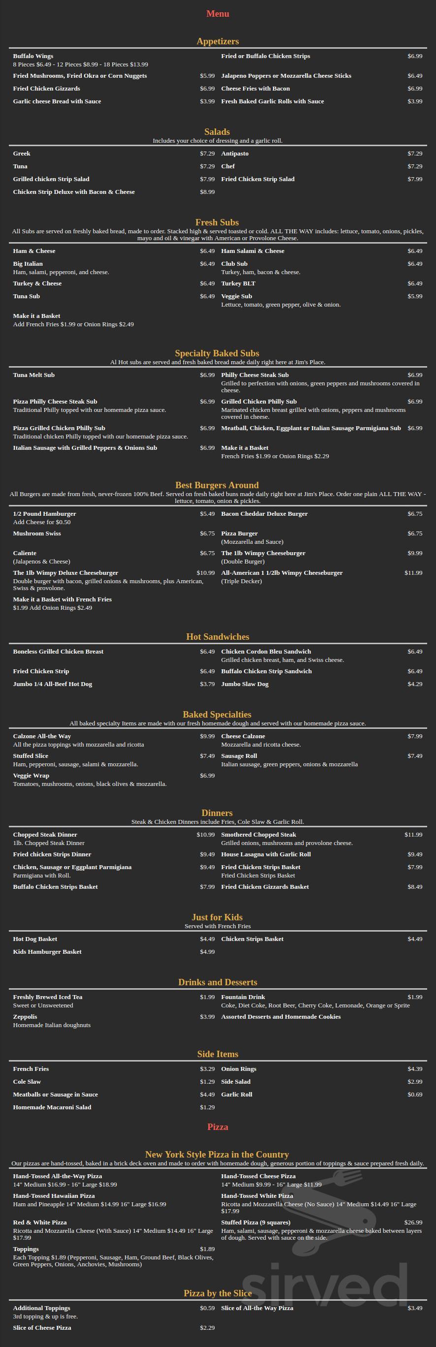 Menu for Jim's Place in Elkton, FL | Sirved