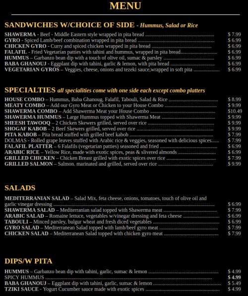 Habashi House menu in Kansas City, Missouri, USA
