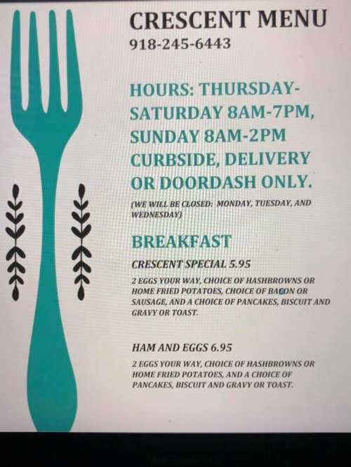 Crescent Cafe menu in Sand Springs, Oklahoma, USA